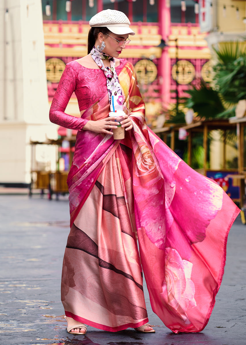 Carmine Pink Satin Crepe Printed Silk Saree – Zari Banaras