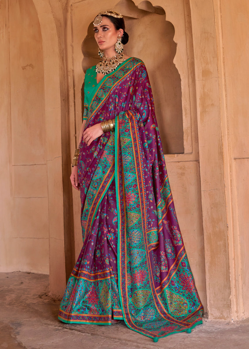 Sparkling Purple Printed Kashmiri Jamewar Saree – Zari Banaras