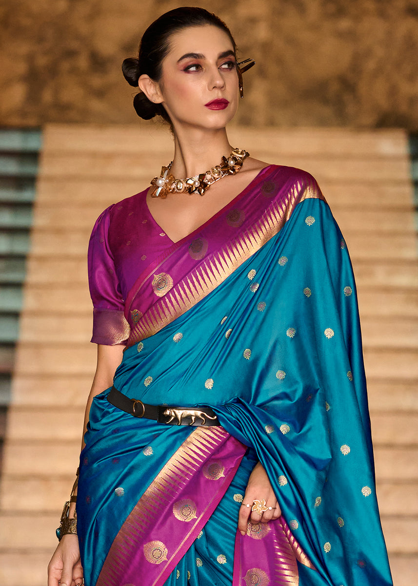 Marine Blue Woven Banarasi Silk Saree With Contrast Border – Zari Banaras