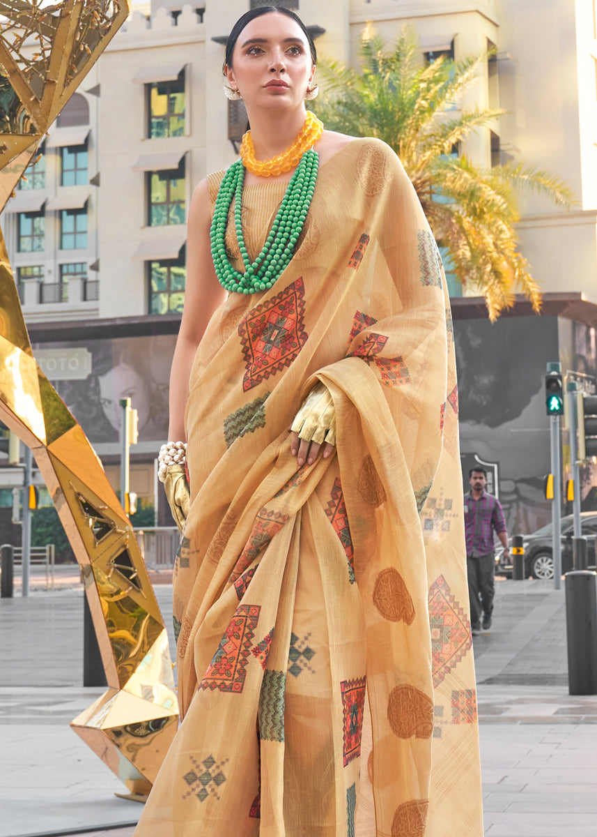 Earthy Beige Woven Linen Silk Saree With Print – Zari Banaras