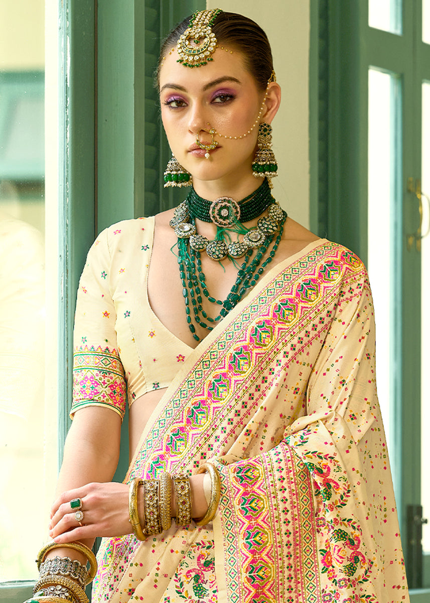 Pre Order: Cream Beige Woven Kashmiri Silk Saree – Zari Banaras