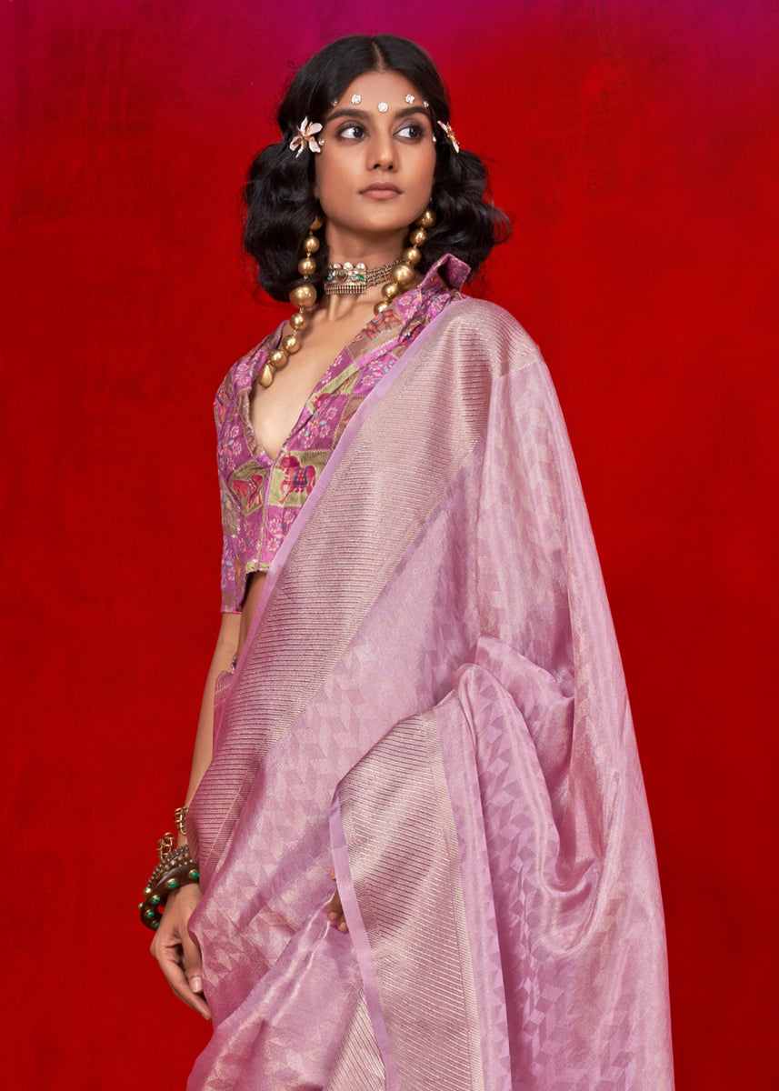 Opera Pink Woven Tissue Silk Saree With Printed Blouse – Zari Banaras