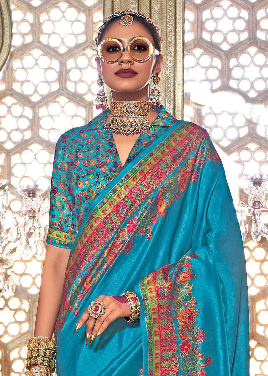 Azure Blue Printed Kashmiri Jamewar Saree – Zari Banaras