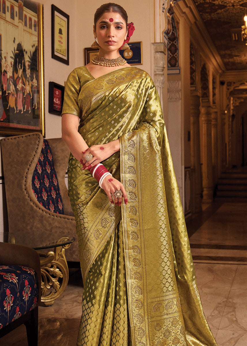 Mehndi Green Woven Banarasi Brocade Tissue Silk Saree – Zari Banaras