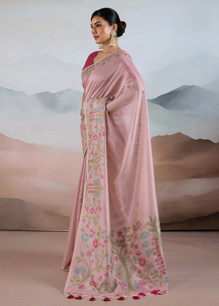 Dusky Pink Woven Tissue Silk Saree – Zari Banaras