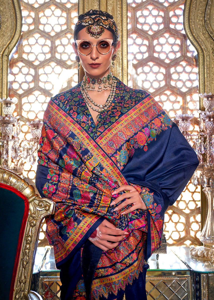 Navy Blue Printed Kashmiri Jamewar Saree – Zari Banaras
