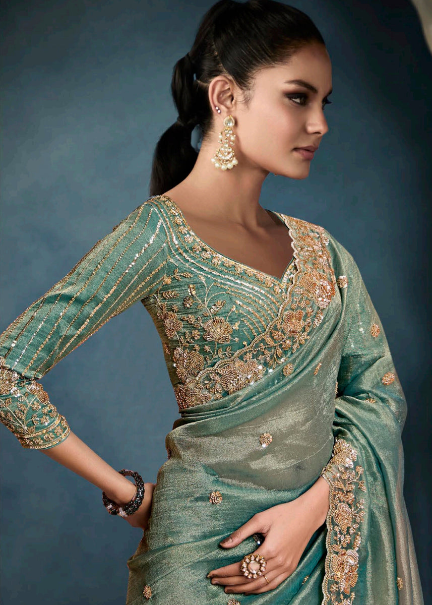 Dusky Green Embroidered Designer Tissue Silk Saree – Zari Banaras