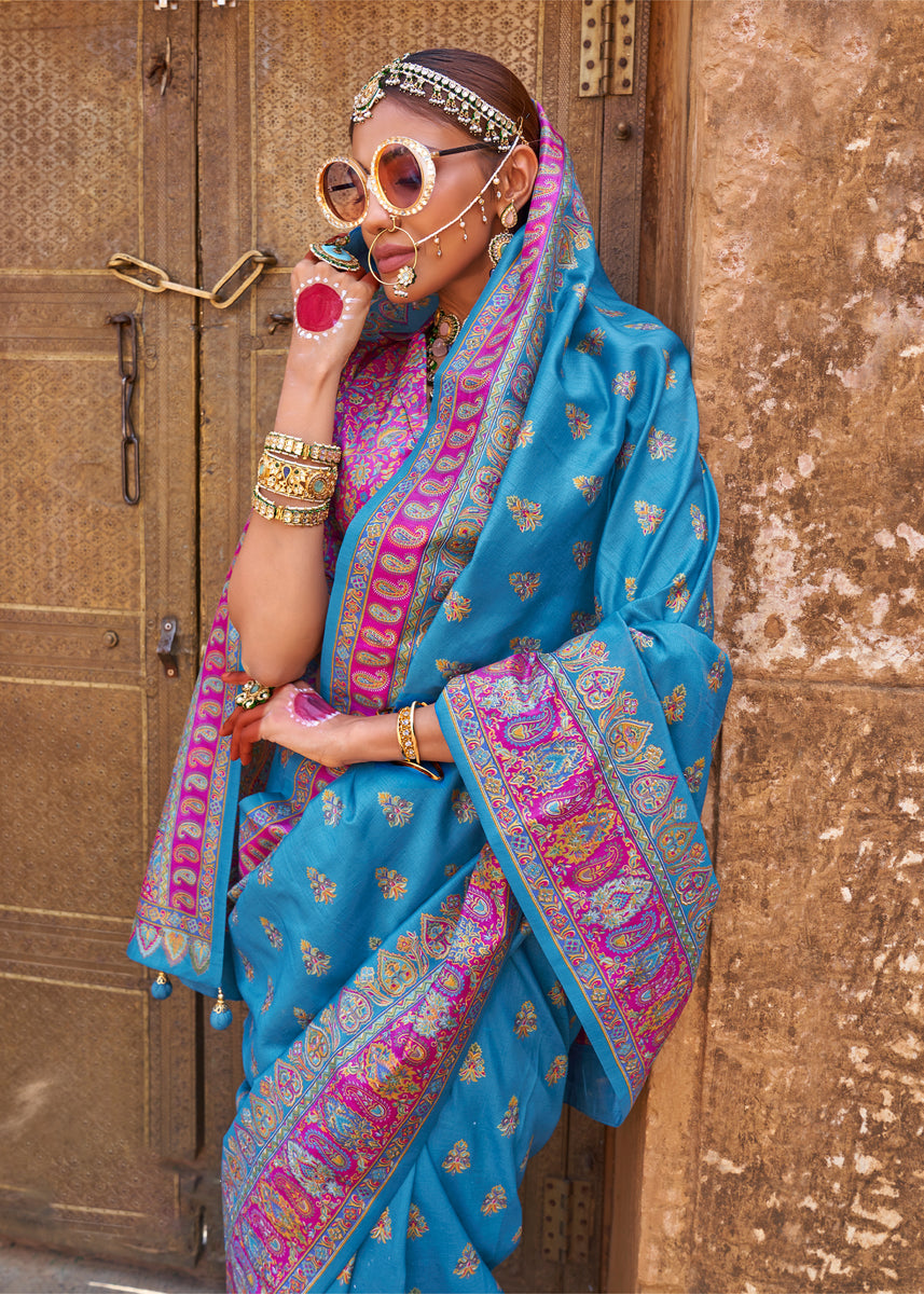 Angel Blue Printed Kashmiri Jamewar Saree – Zari Banaras