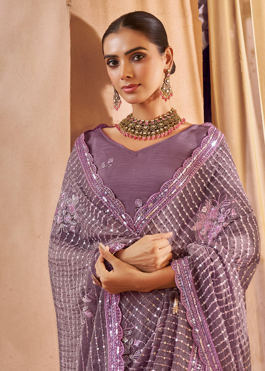 Dusky Purple Designer Tissue Silk Saree – Zari Banaras