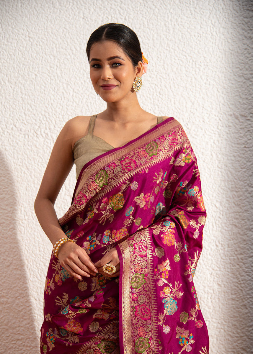Pre-Order : Arya: Banarasi Katan Silk Meenakari Jangla Saree with in t ...