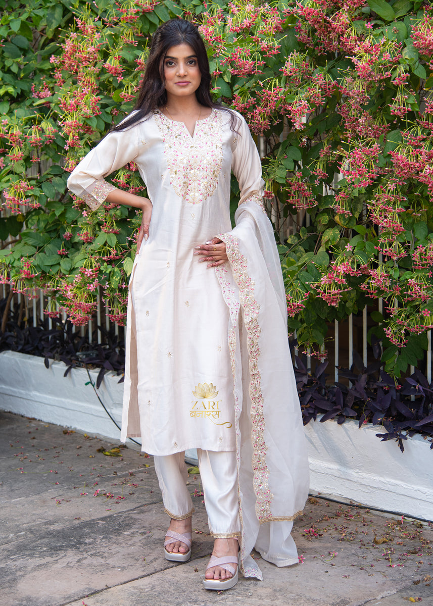 White Cream Petal Sparkle Embroidered Suit-Set of 3 – Zari Banaras