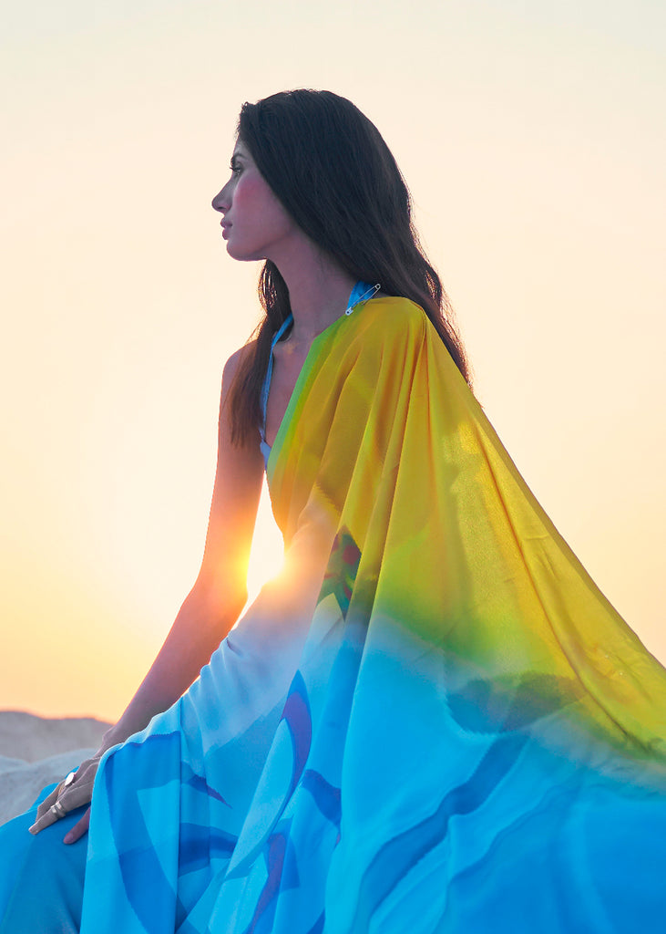 Blue And Yellow Shaded Print Saga Saree – Zari Banaras