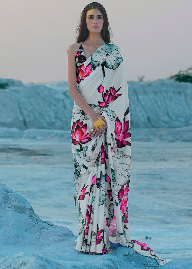 Lotus On White Print Saga Saree – Zari Banaras